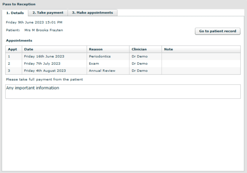 Pass to reception | DentalPlus Documentation