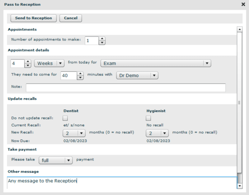 Pass to reception | DentalPlus Documentation