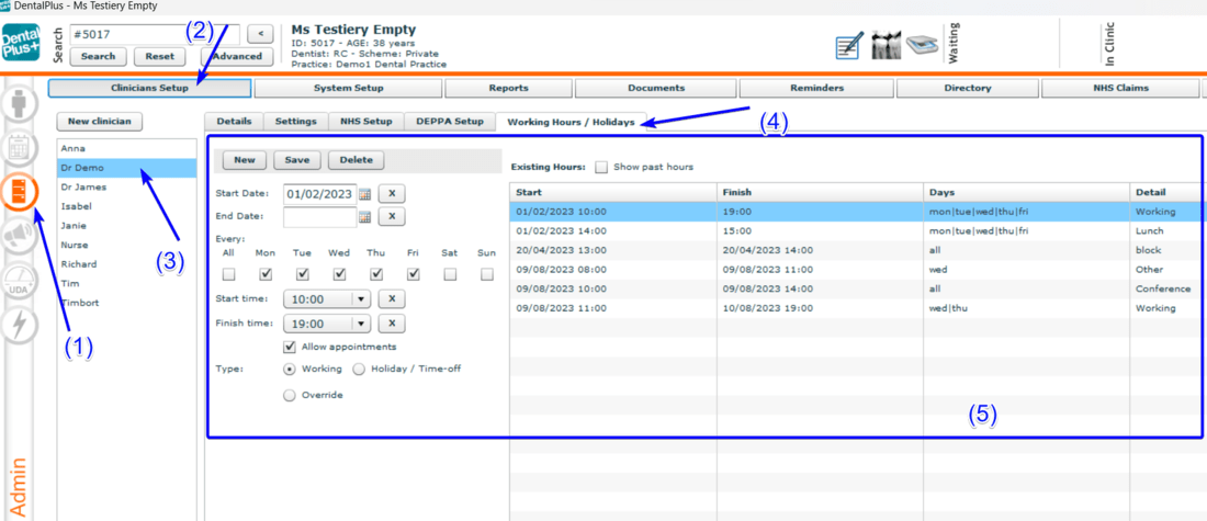 Working hours | DentalPlus Documentation*
